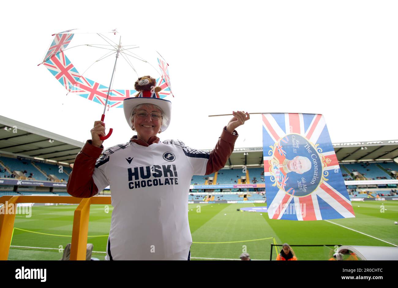 A Millwall fan sporting the Union Flag to commemorate the coronation of ...