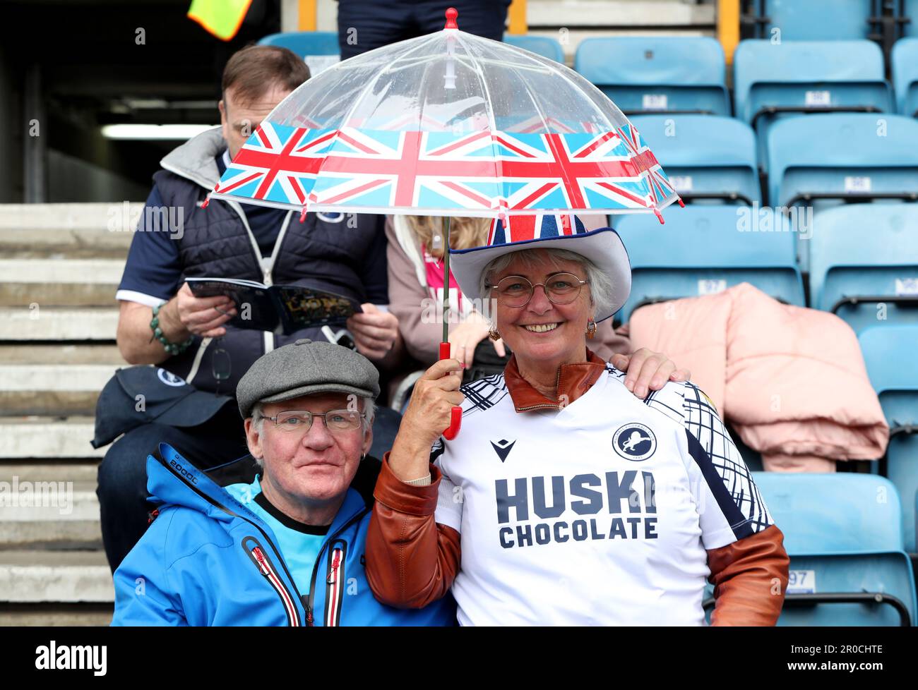 A Millwall fan sporting the Union Flag to commemorate the coronation of ...