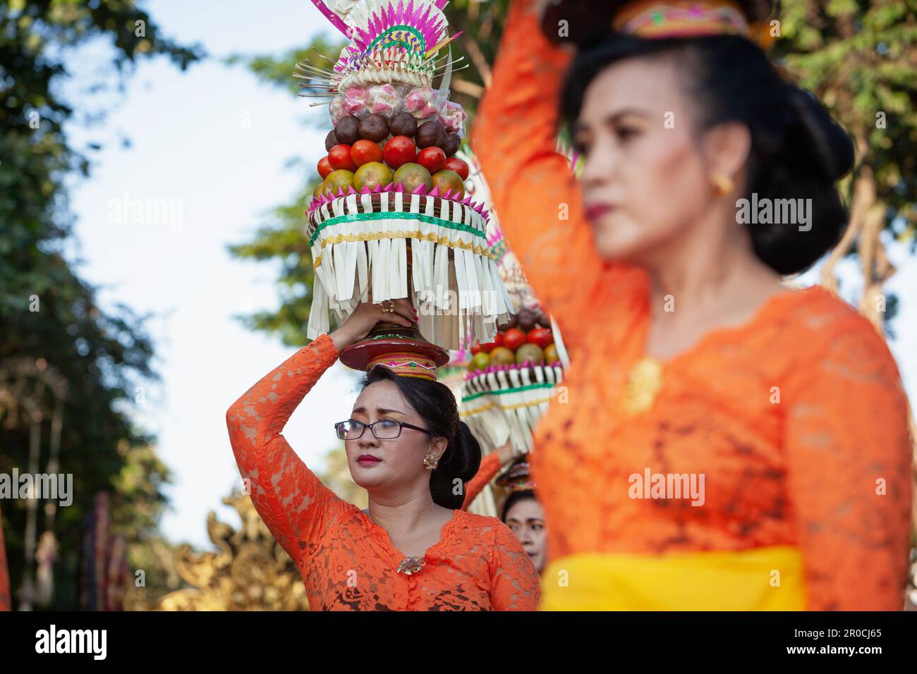 Denpasar, Bali island, Indonesia - June 11, 2016: Procession of ...