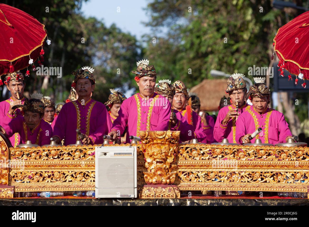 Denpasar, Bali island, Indonesia - June11, 2016: Musicians in ethnic ...