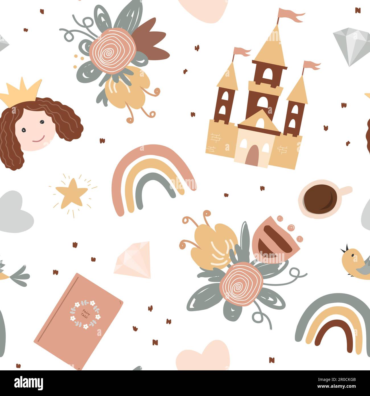 Fairytale reading. Princess seamless pattern in Scandinavian style ...