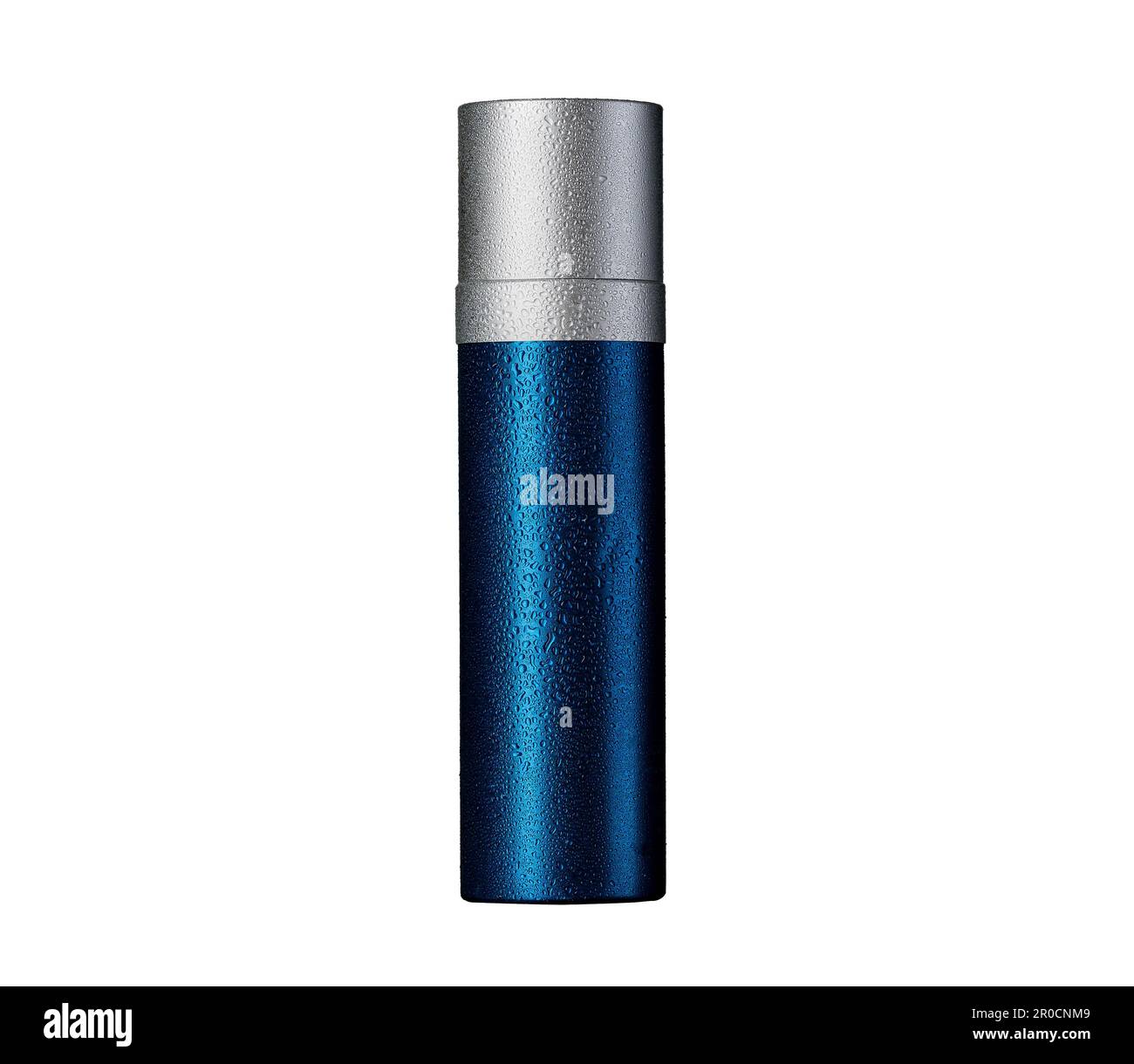 Blue aluminum spray can with droplets for mousse, deodorant, shaving ...
