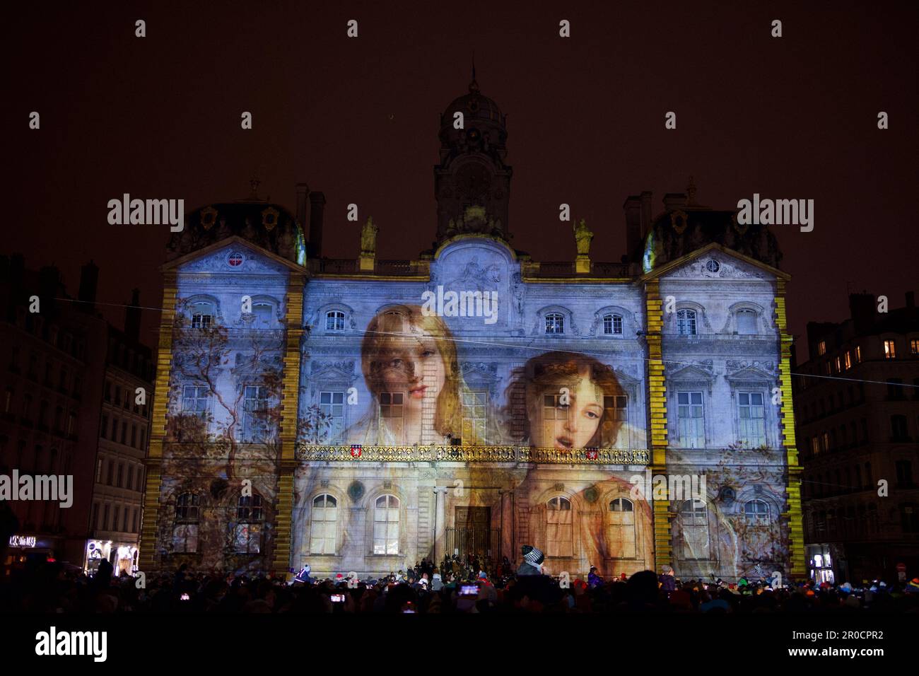 The magnificent city hall on the Terreaux square during the famous festival of lights of Lyon ...