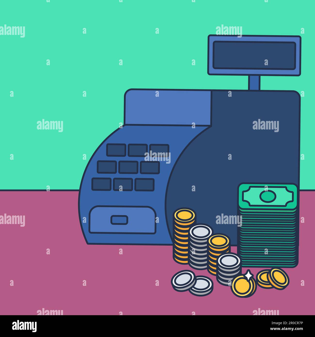 Cash register with money and coins. Commerce concept. Store symbol ...