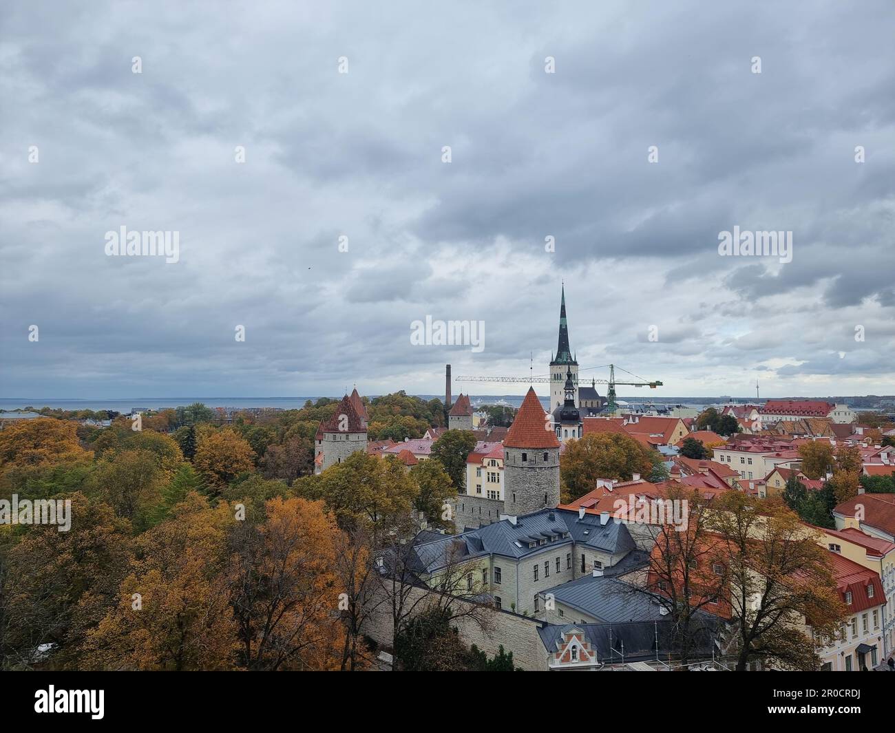 An aerial view of old buildings of Tallinn, Estonia on a cloudy day ...