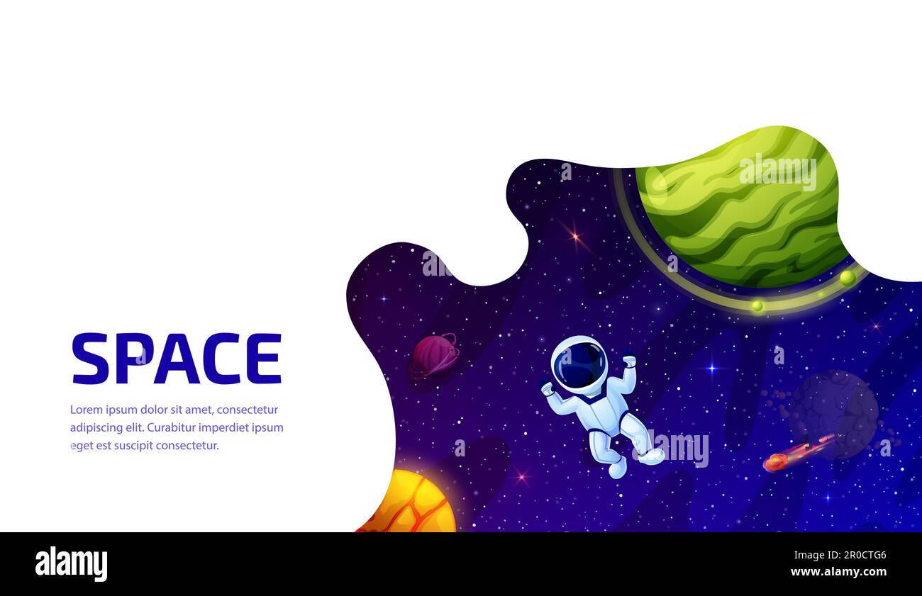 Space landing page. Cartoon astronaut in outer space of alien galaxy ...