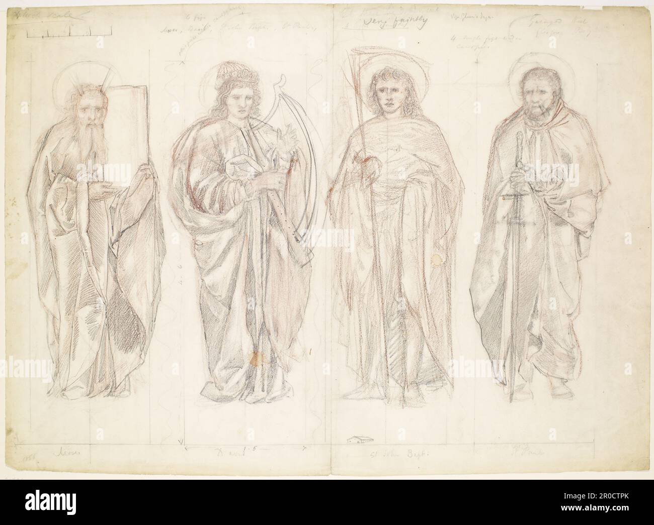 Moses, David, St John the Baptist and St Paul, 1866. Red chalk over pencil on two sheets of ...