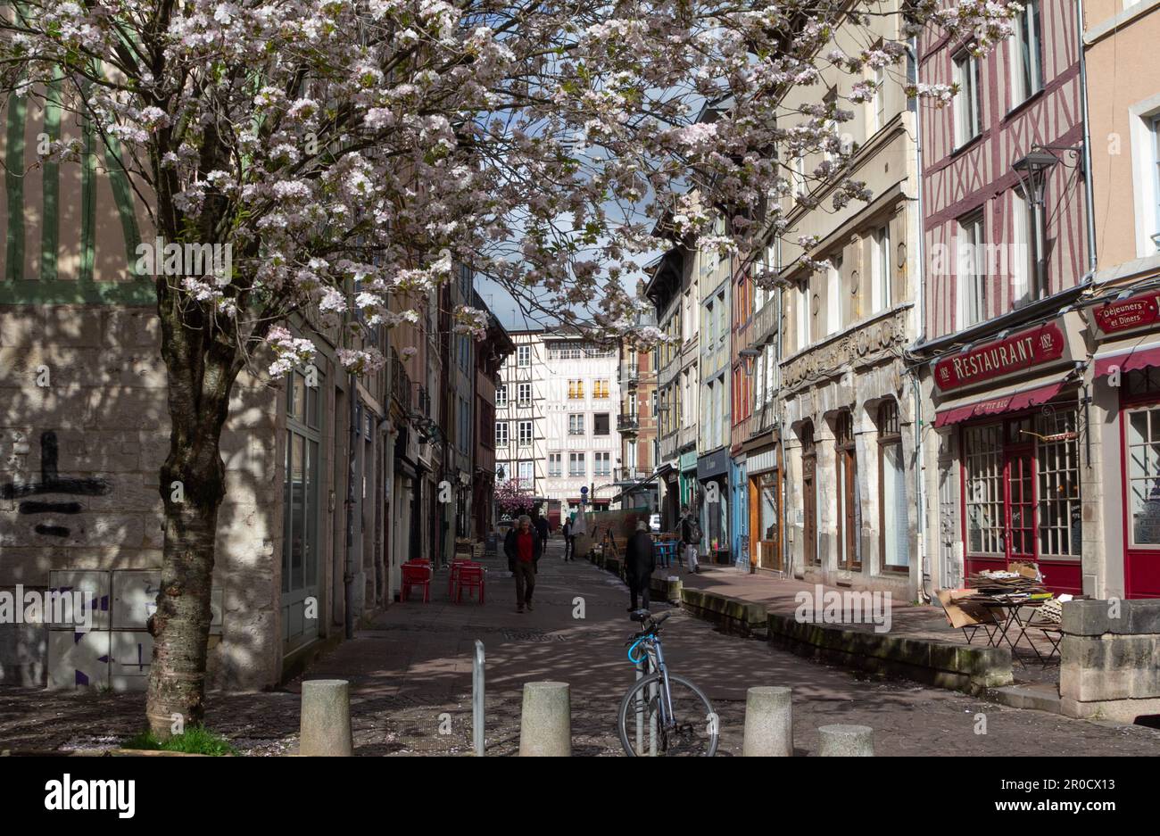 Rue Eau de Robec in the historic city centre of Rouen, France, with spring blossom Stock Photo ...