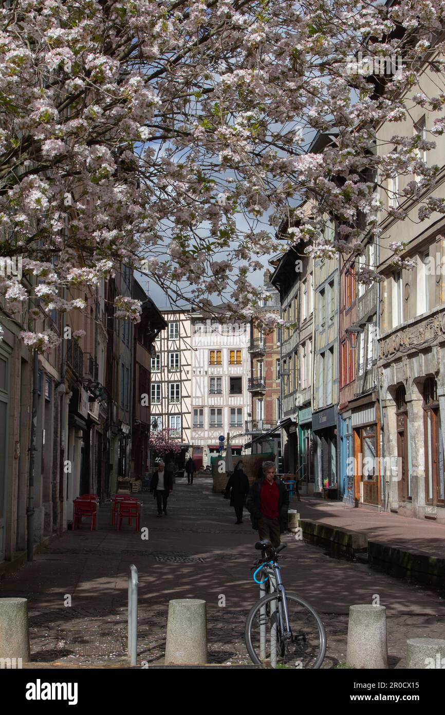 Rue Eau de Robec in the historic city centre of Rouen, France, with ...