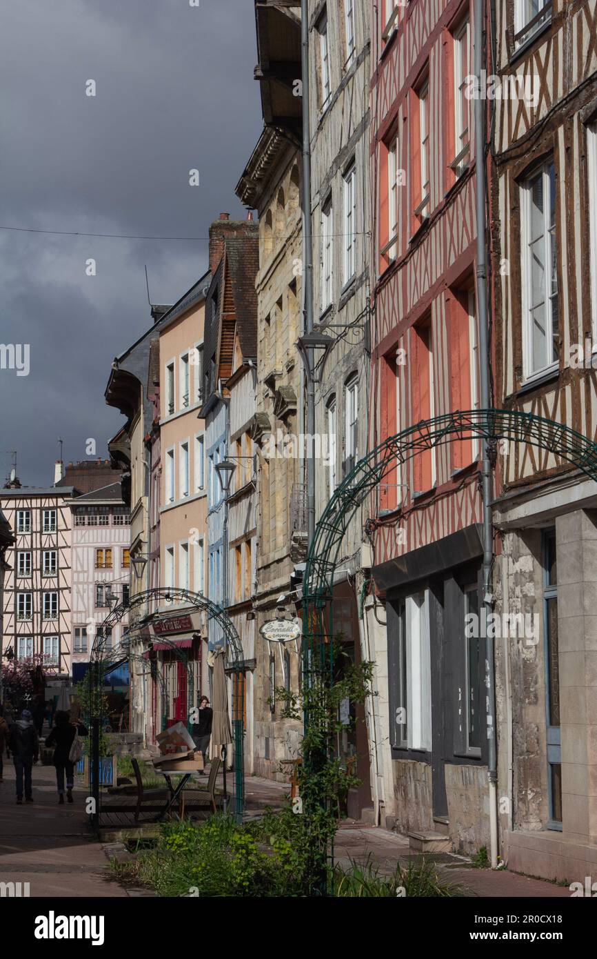 Rouen, France: the rue Eau de Robec in the historic city centre with storm clouds Stock Photo ...