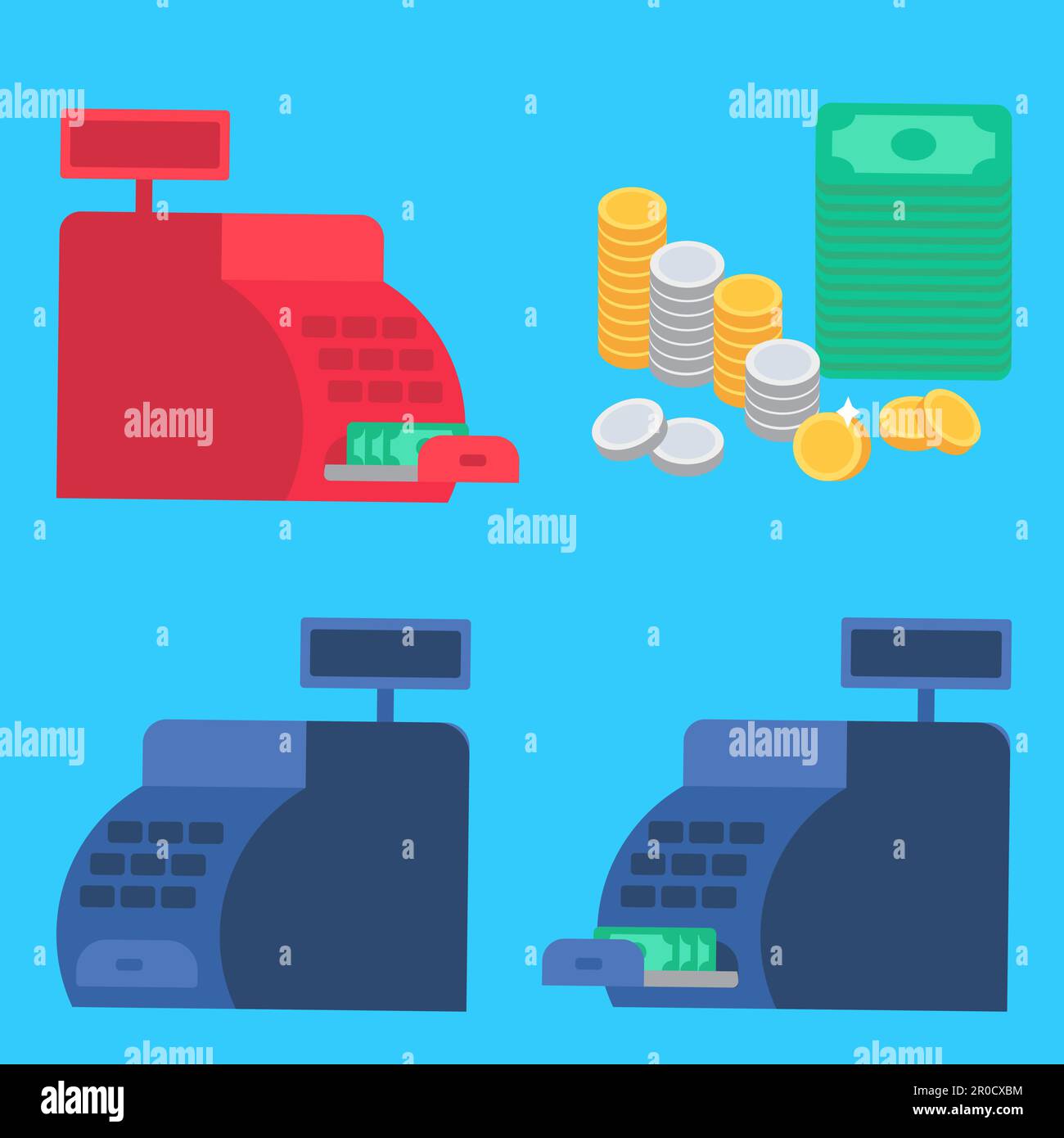Cash register with money and coins. Commerce concept. Store symbol ...