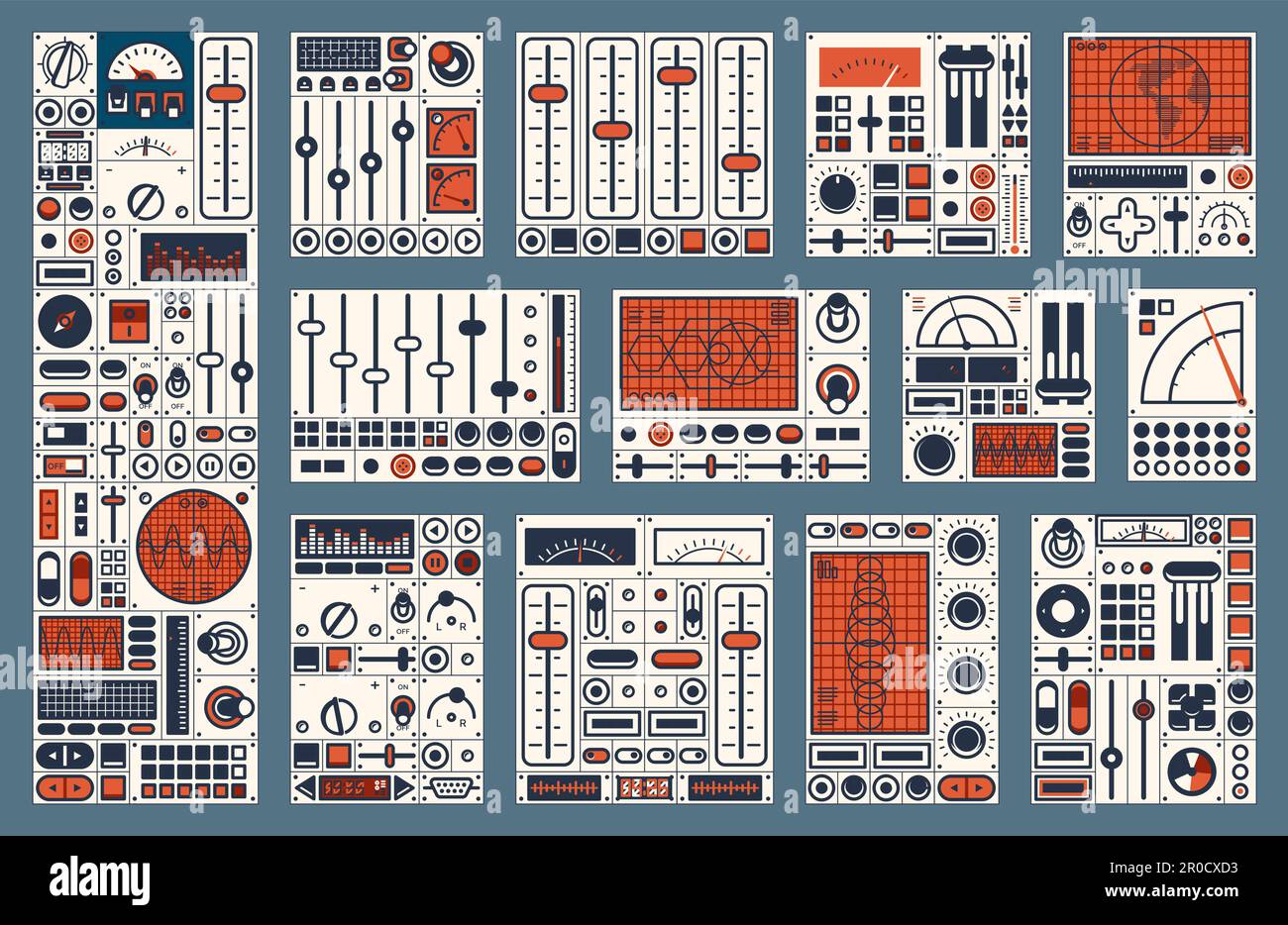Retro dashboard. Control panel dial, switch, knob, buttons. Spaceship console with old computer ...
