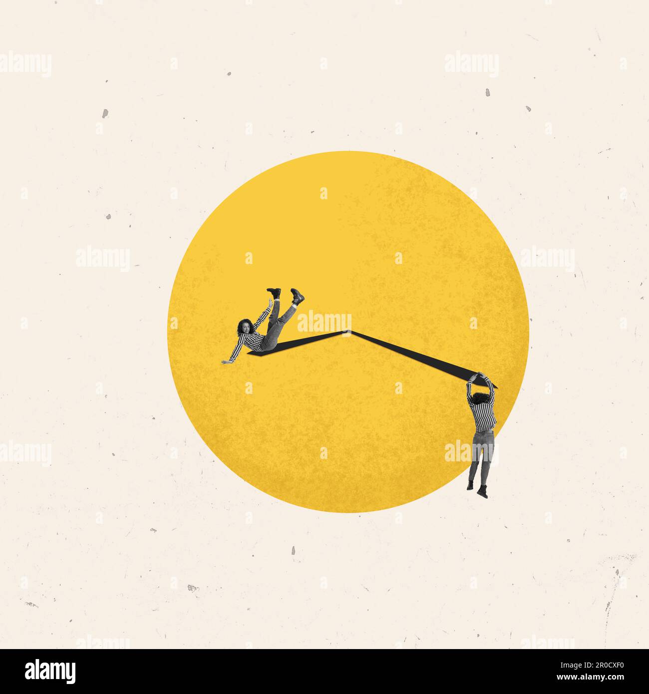 Contemporary art collage with two people, man and woman going to turn ...
