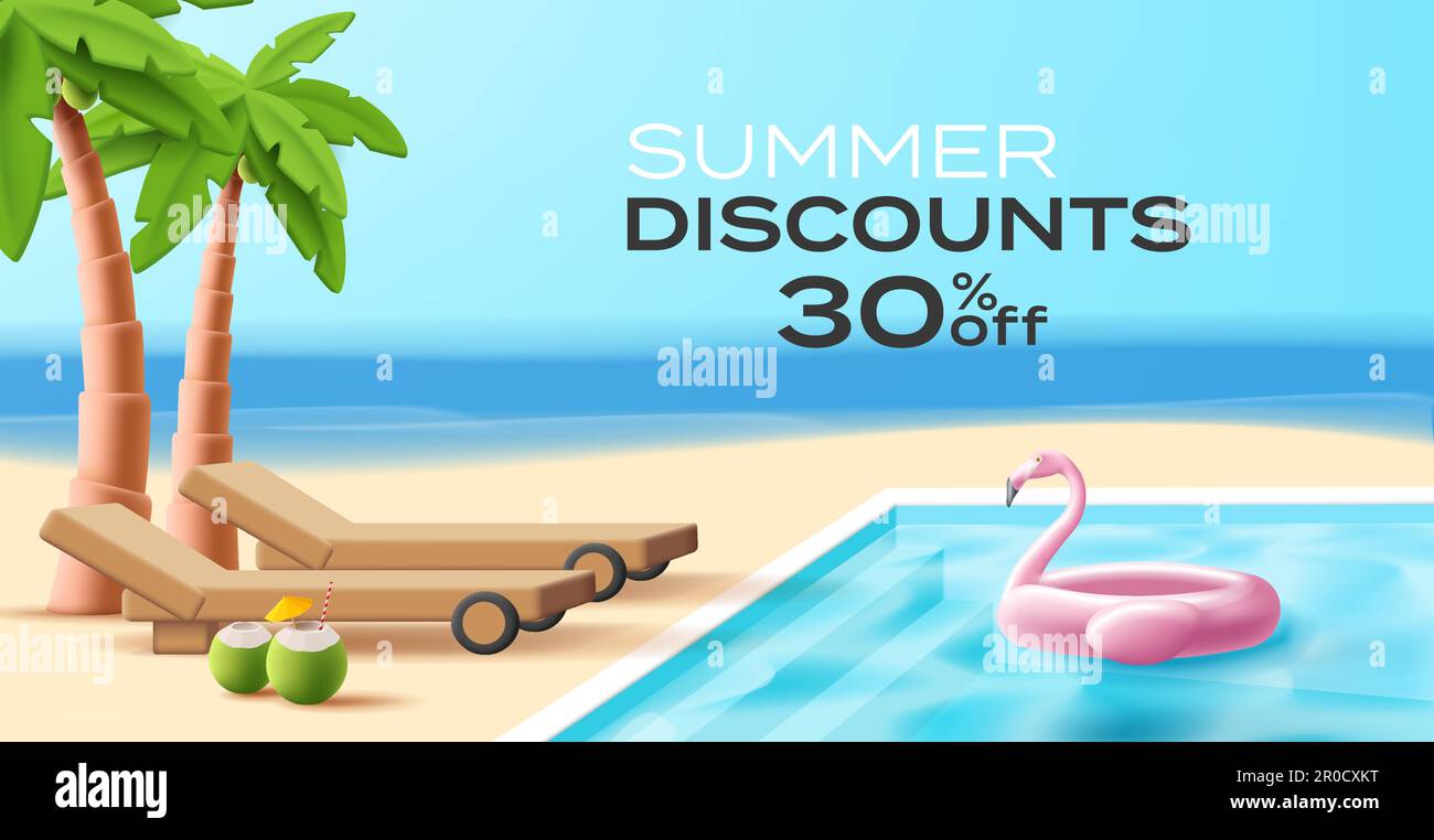 3d render illustration of a hotel swinning pool with flamingo swimming ...