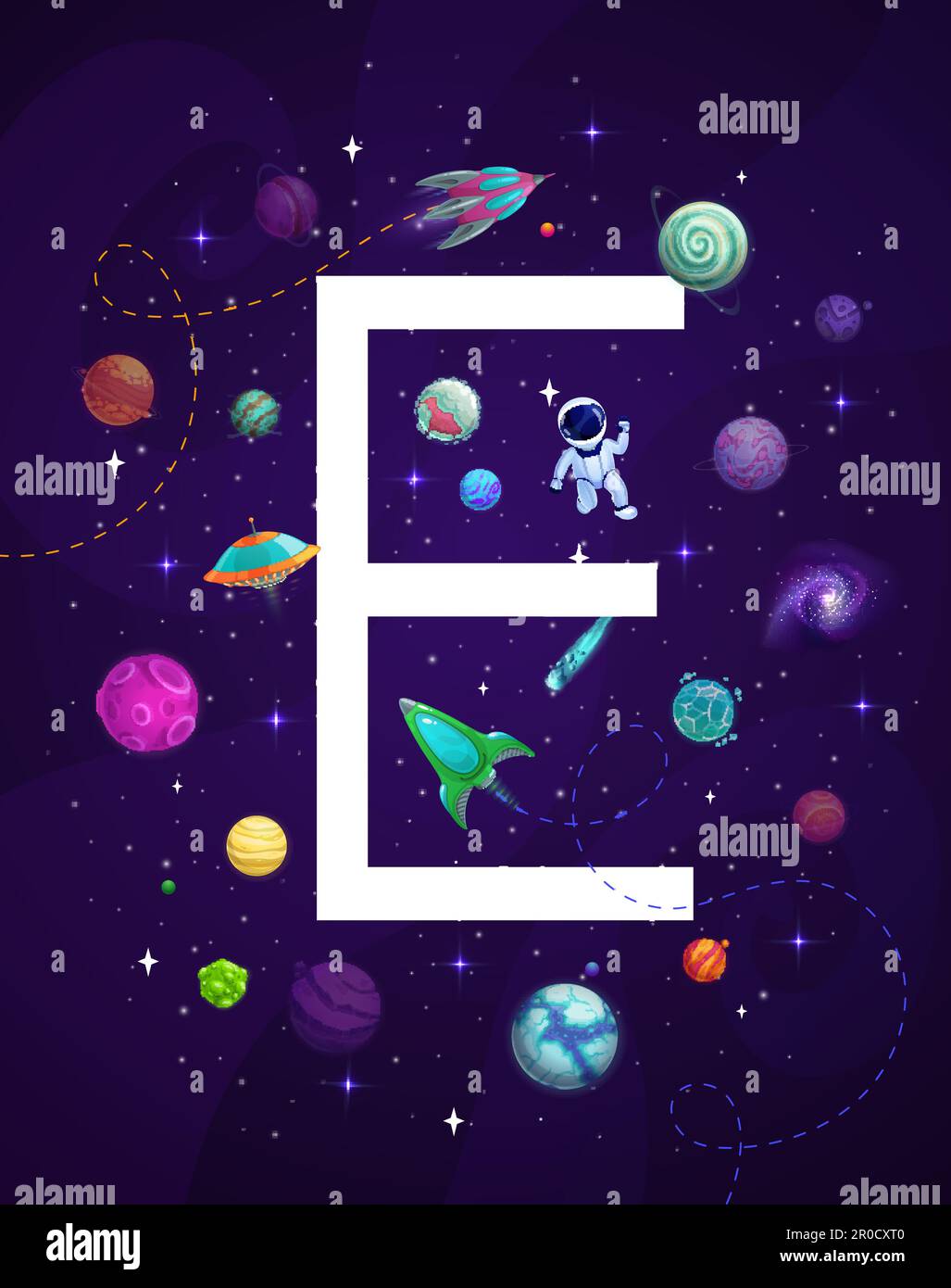 Cartoon space letter E, vector kids alphabet. Astronaut in outer space ...