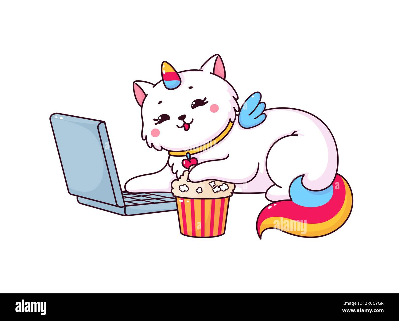 Cartoon cute caticorn character with laptop and popcorn bucket. Unicorn ...