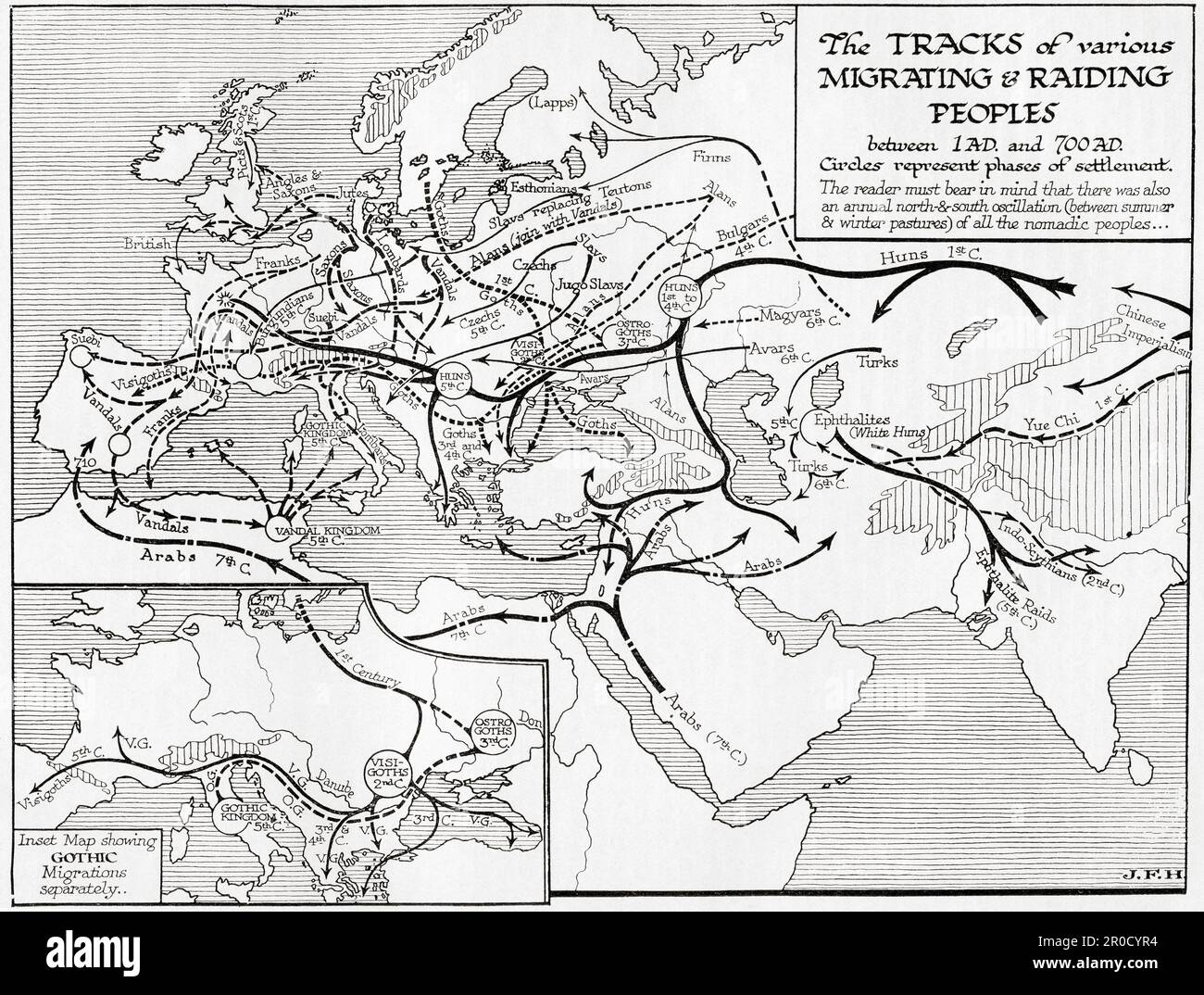 Map showing the tracks of various migrating and raiding peoples between ...