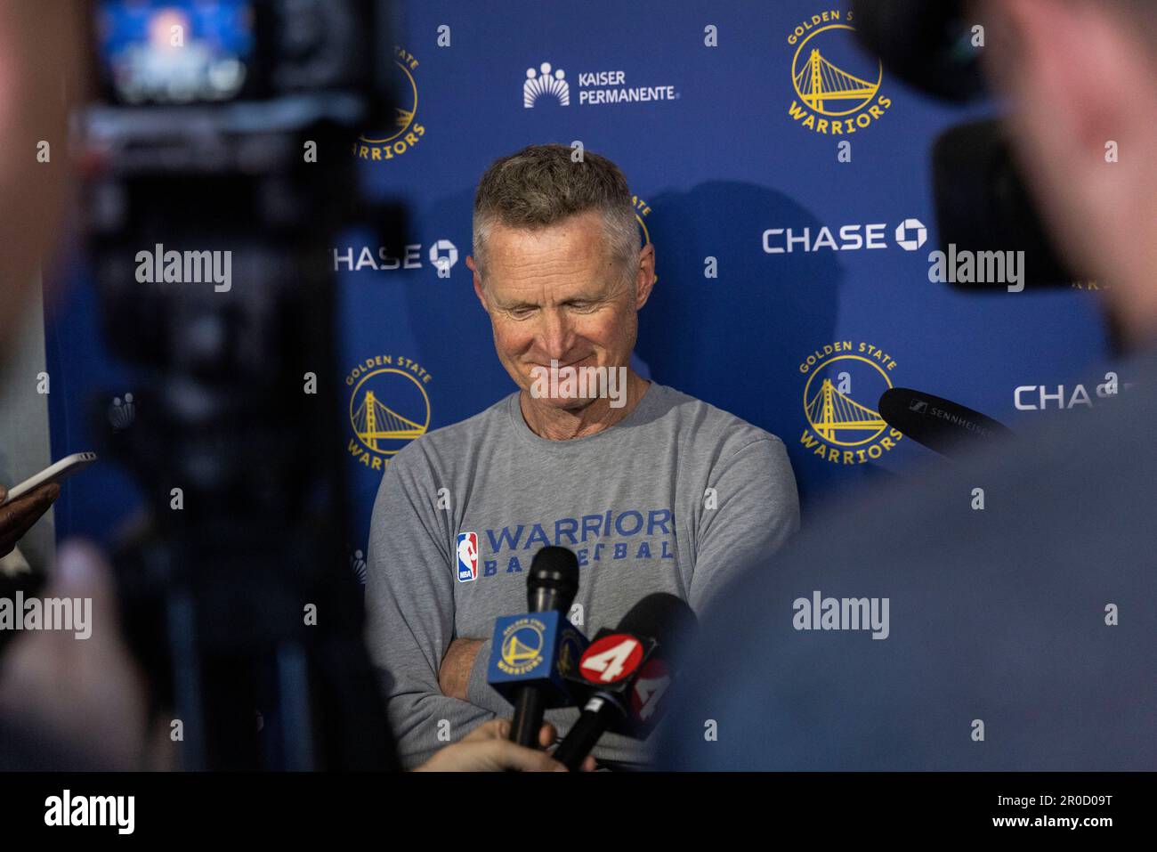 Golden State Warriors Head Coach Steve Kerr speaks to reporters during ...