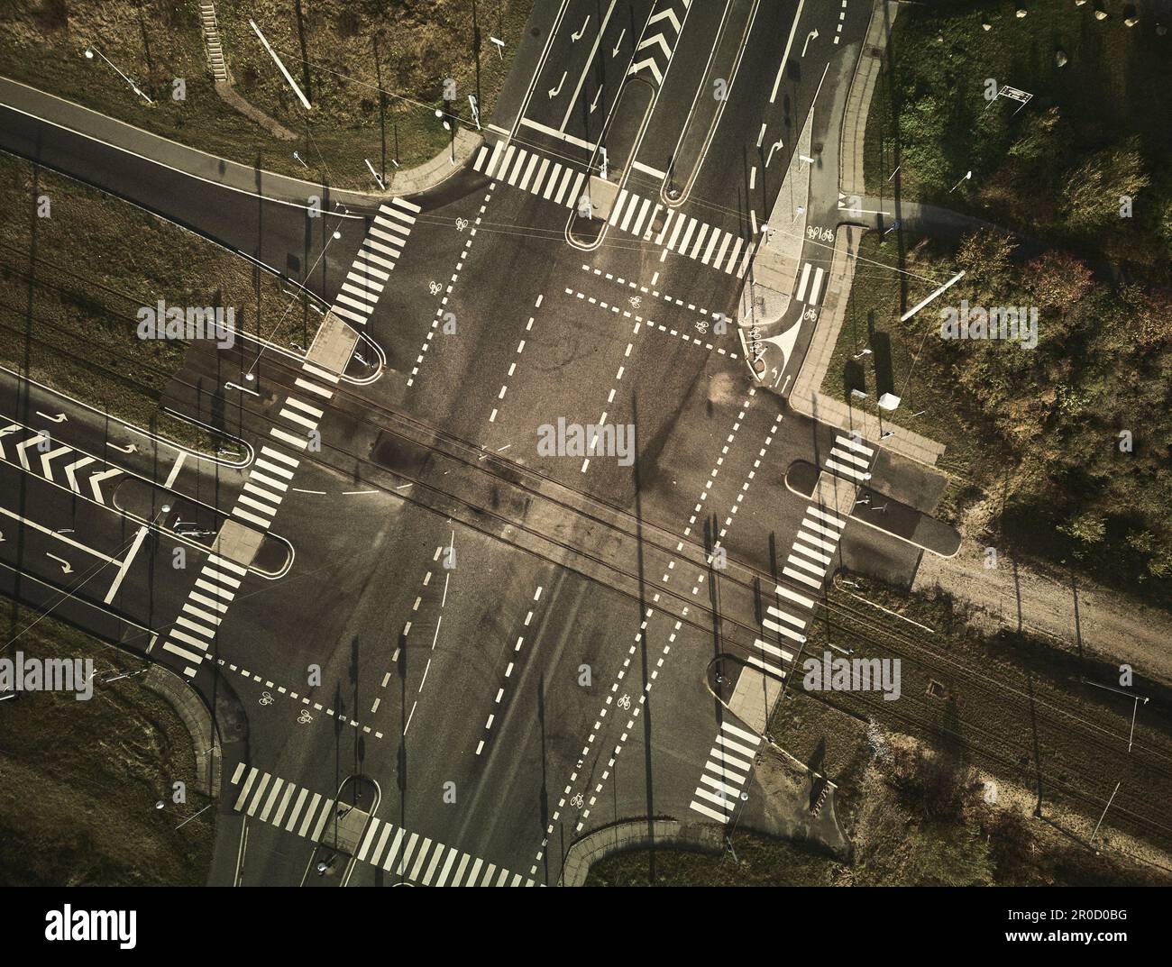 An aerial view of an intersection with four roads, deserted and ...