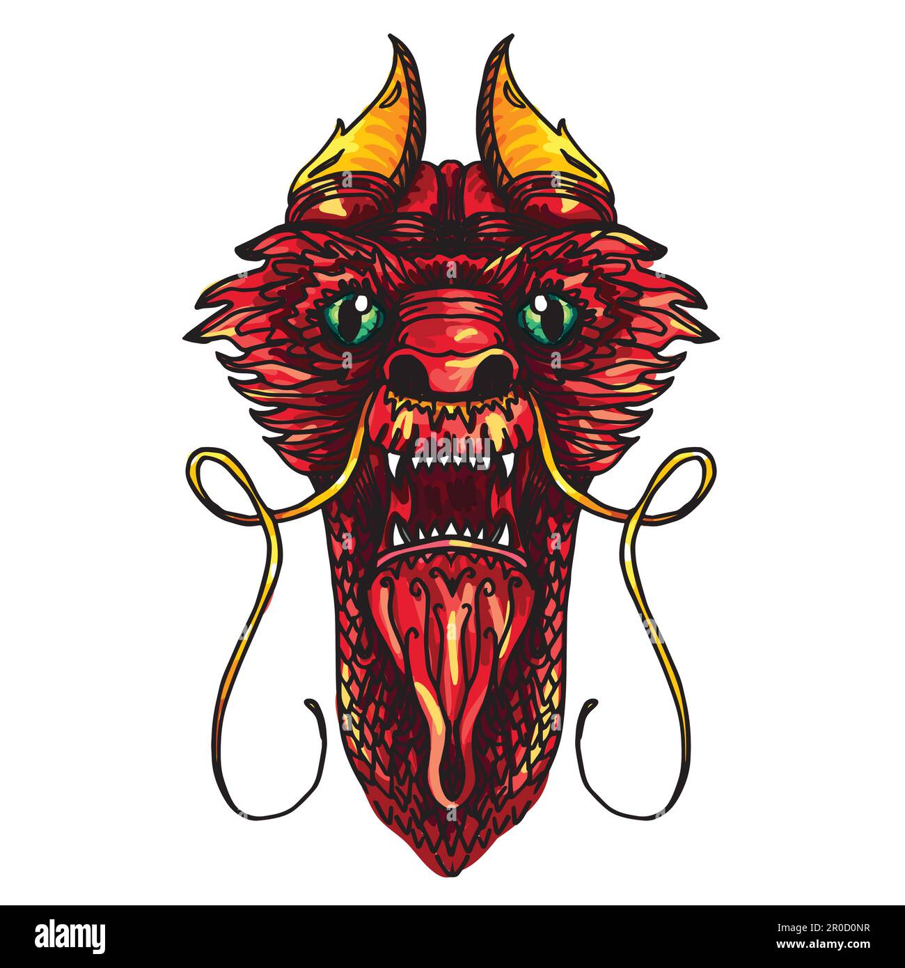 Red and Gold Dragon Head in tattoo and cartoon style. Vector Stock ...
