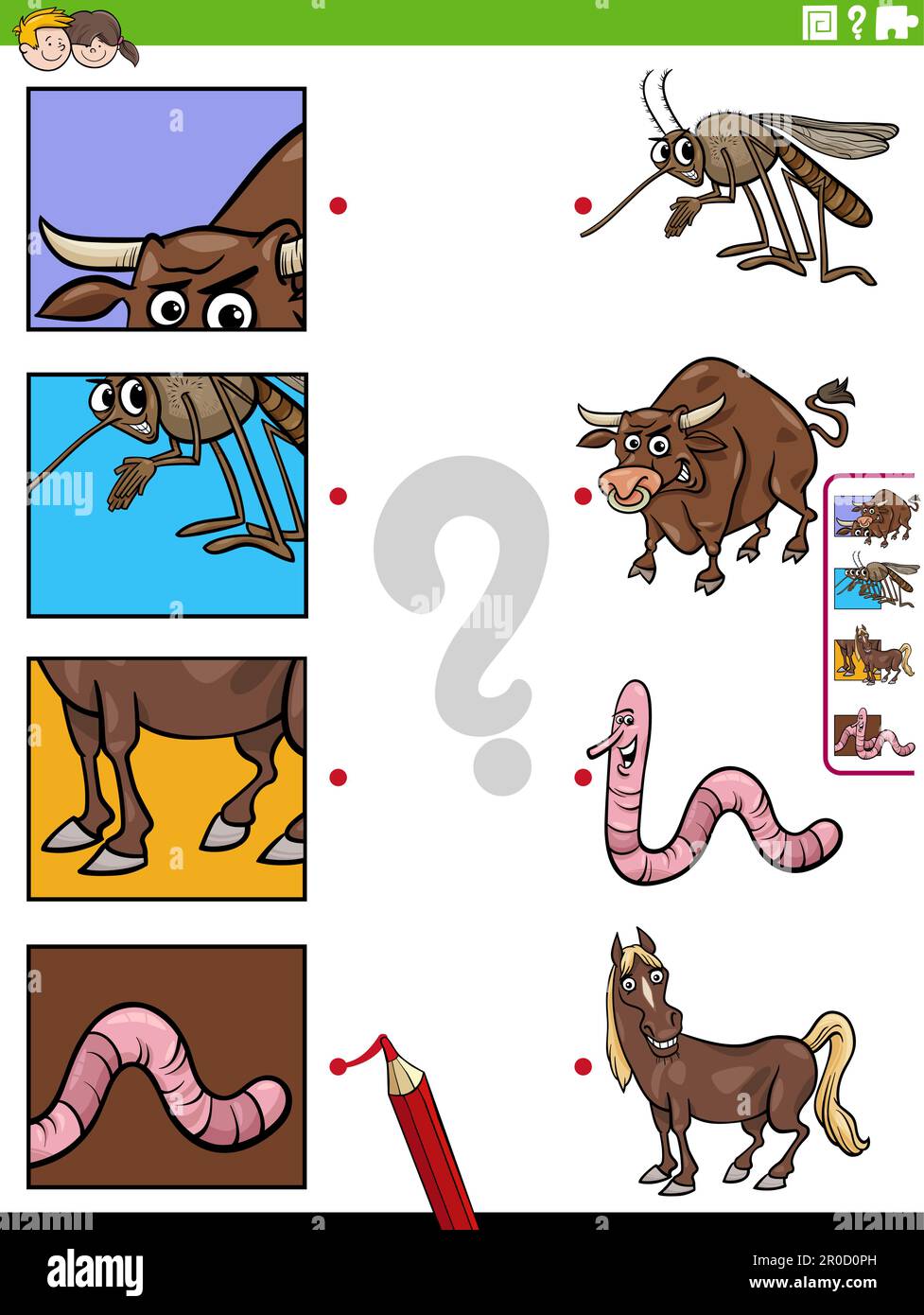 Cartoon illustration of educational matching game with animal ...