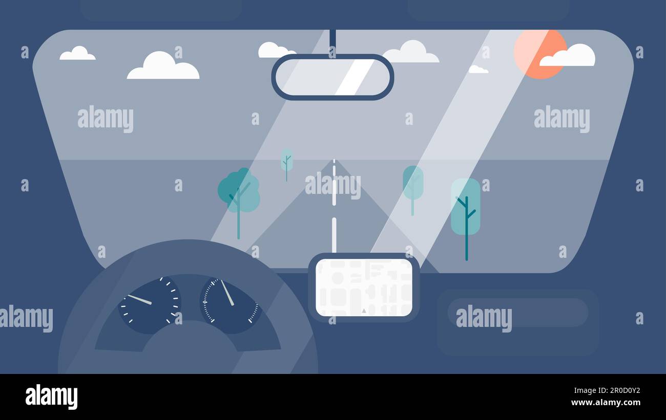 Inside car interior with wheel, speedometer, gps navigator. Vehicle ...