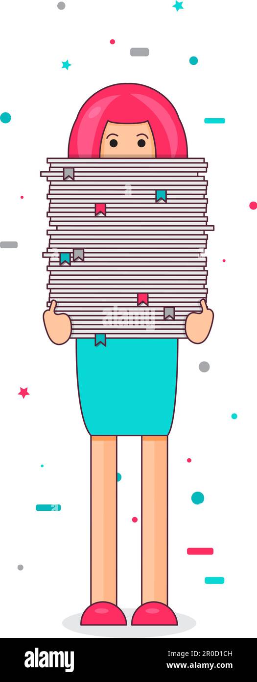 Office worker with big stack of paper. She has a lot of work. All hands ...