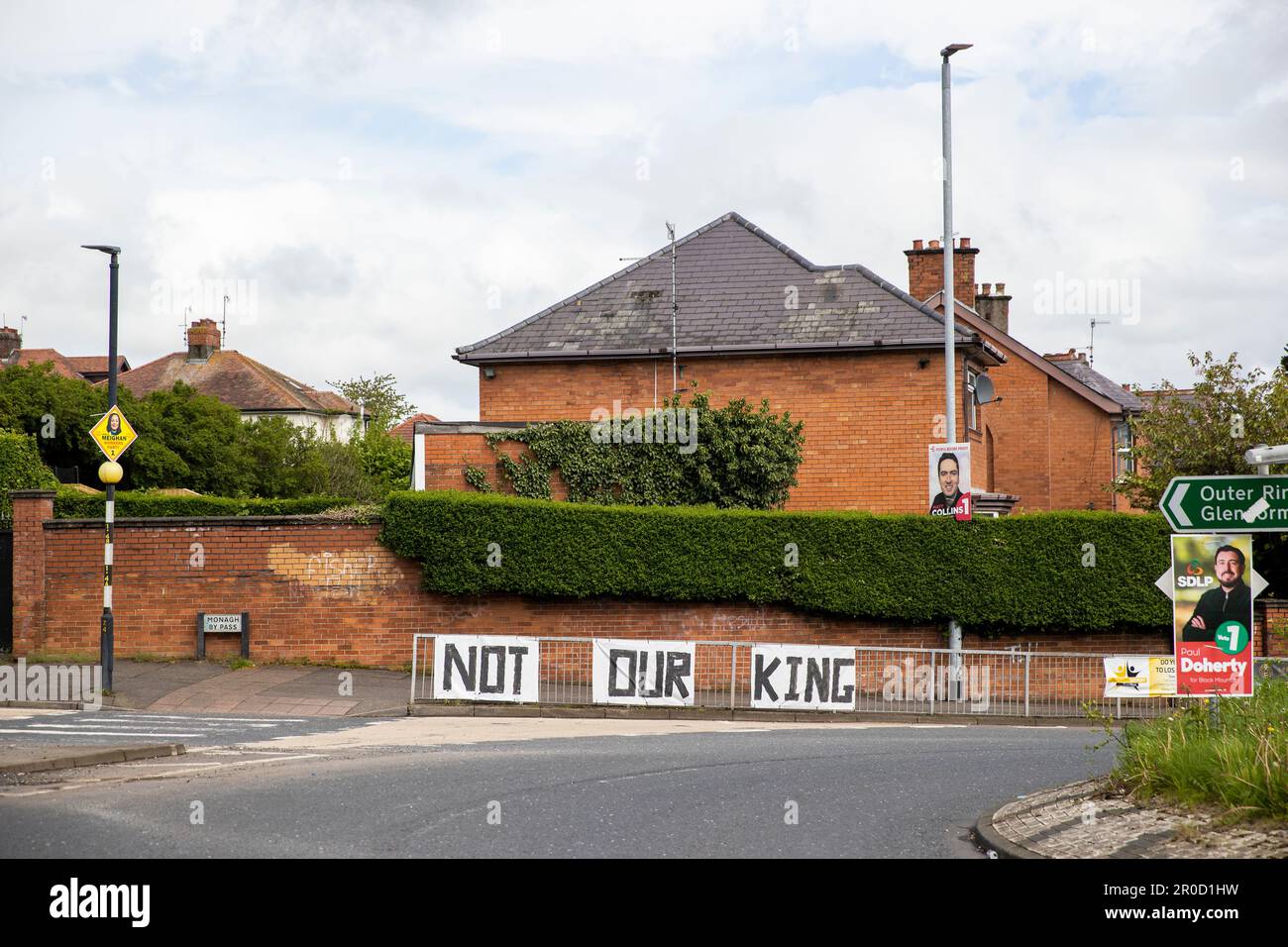 Anti-monarchy signs on the railings of the Monagh By Pass roundabout in ...