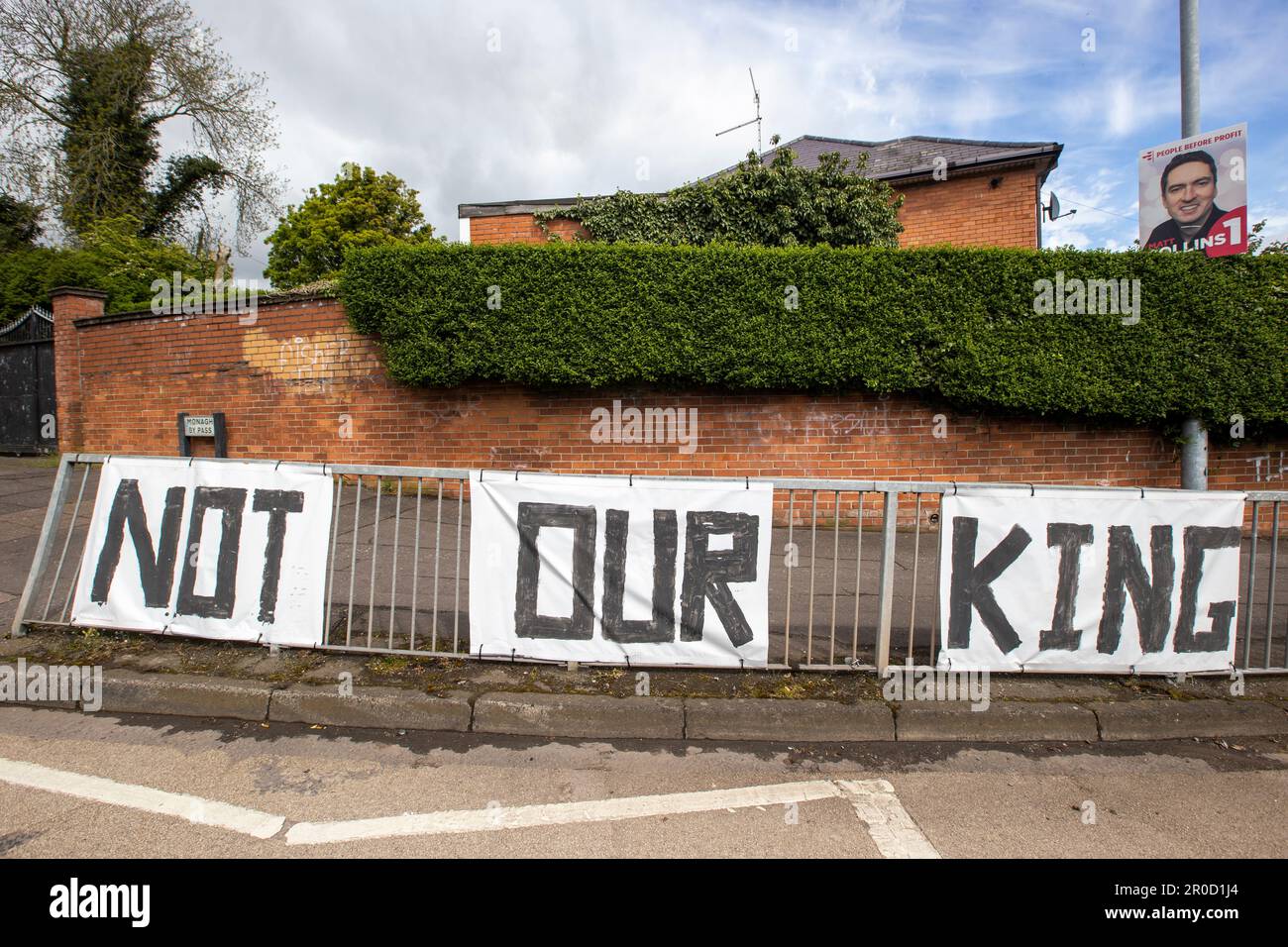 Anti-monarchy signs on the railings of the Monagh By Pass roundabout in ...