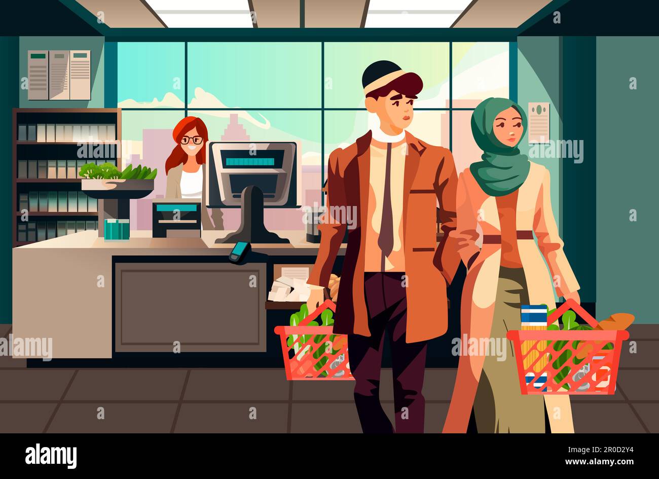 happy couple shopping at supermarket with products in cart family in ...