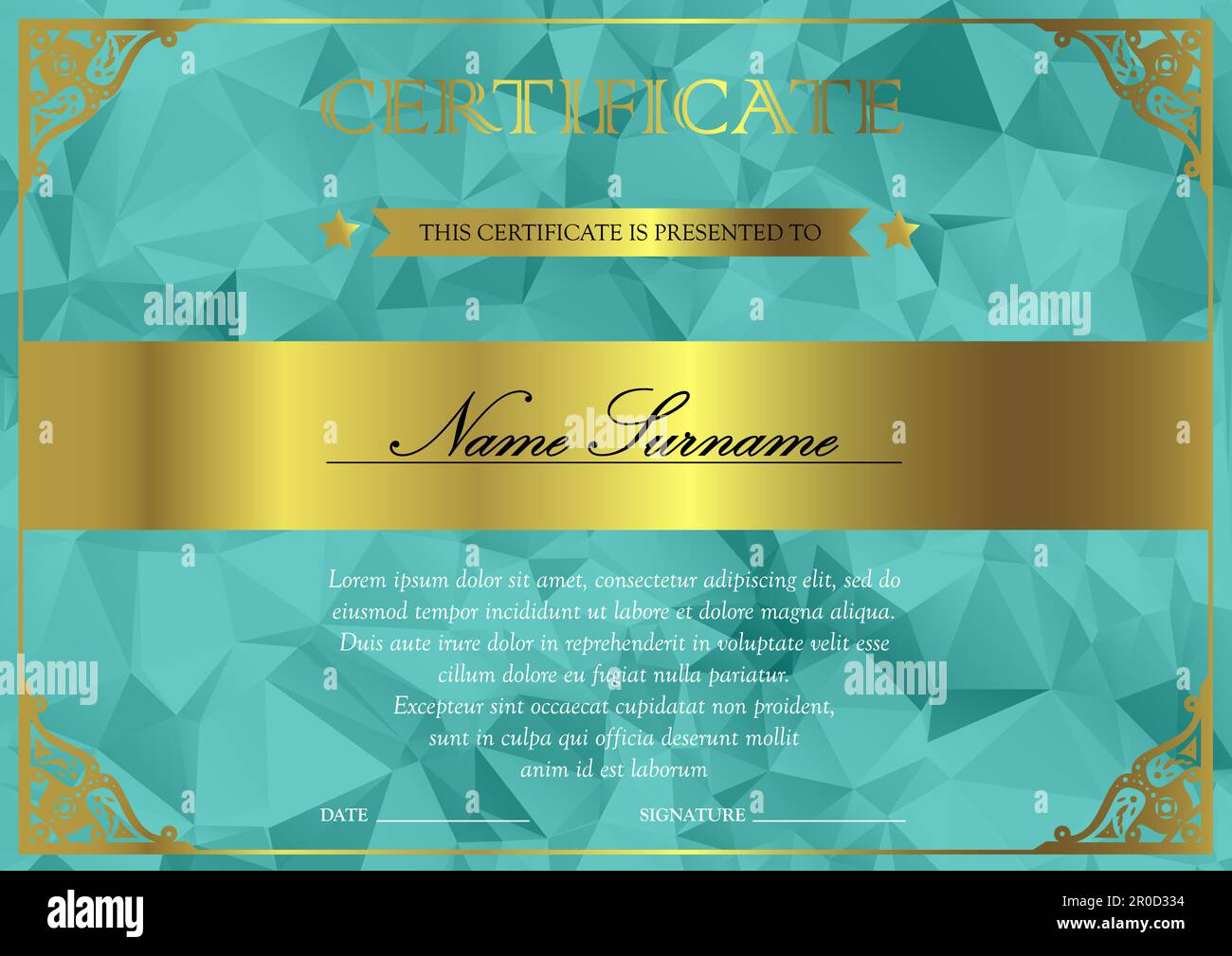 Horizontal turquoise and gold certificate and diploma template with ...