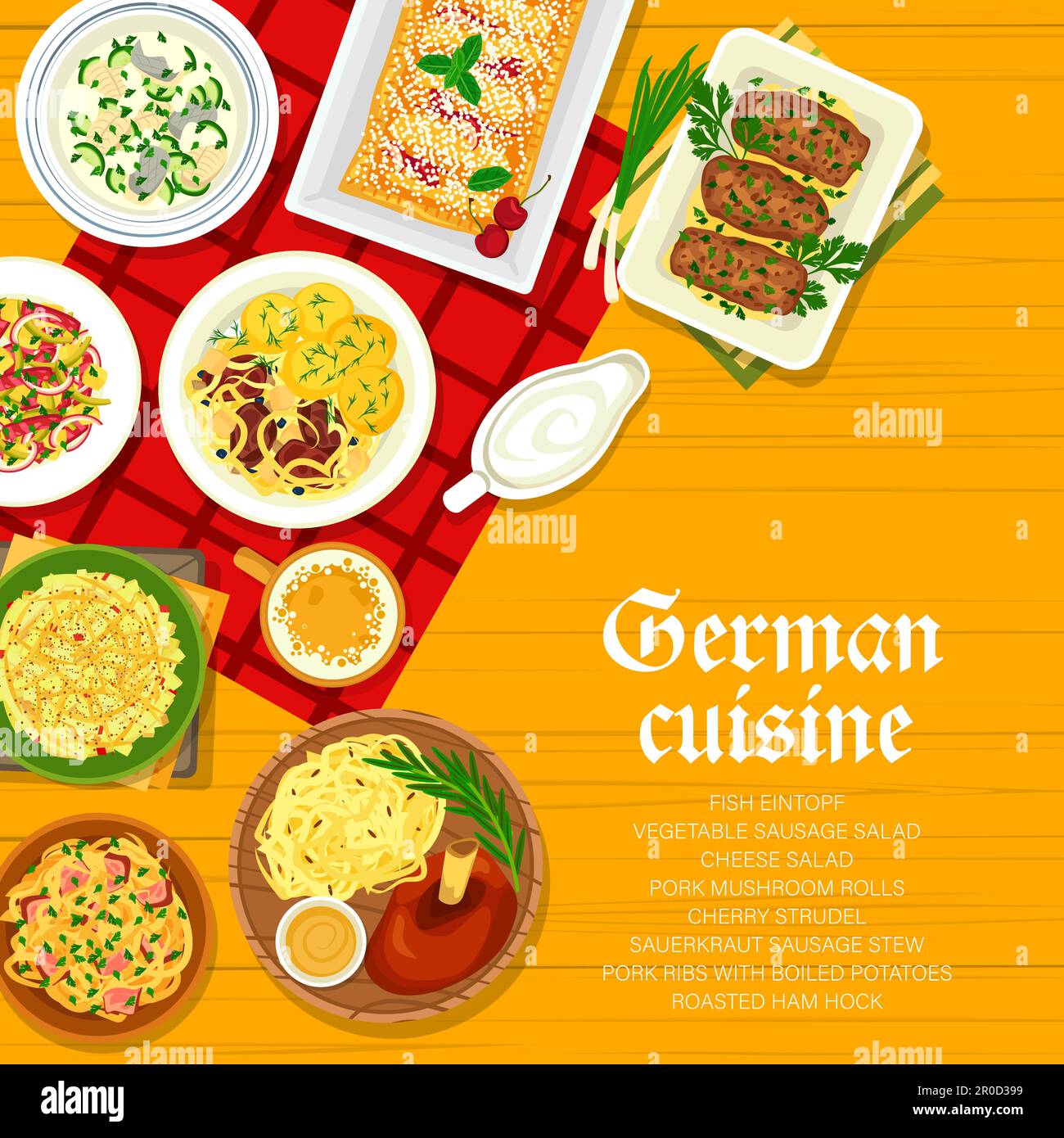 German cuisine restaurant menu cover design. Sauerkraut sausage stew ...