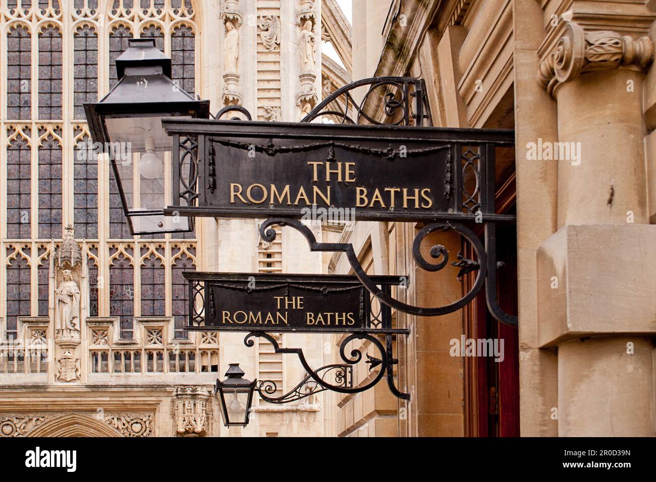 Signage outside the Roman baths in the centre of the city of Bath ...