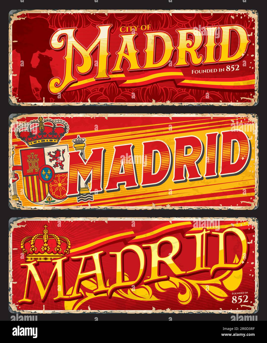 Madrid travel stickers and plates with vector flag and coat of arms of ...