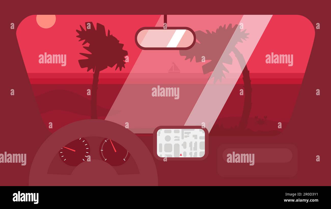 Hello Summer Concept on palm beach from inside car interior with wheel ...