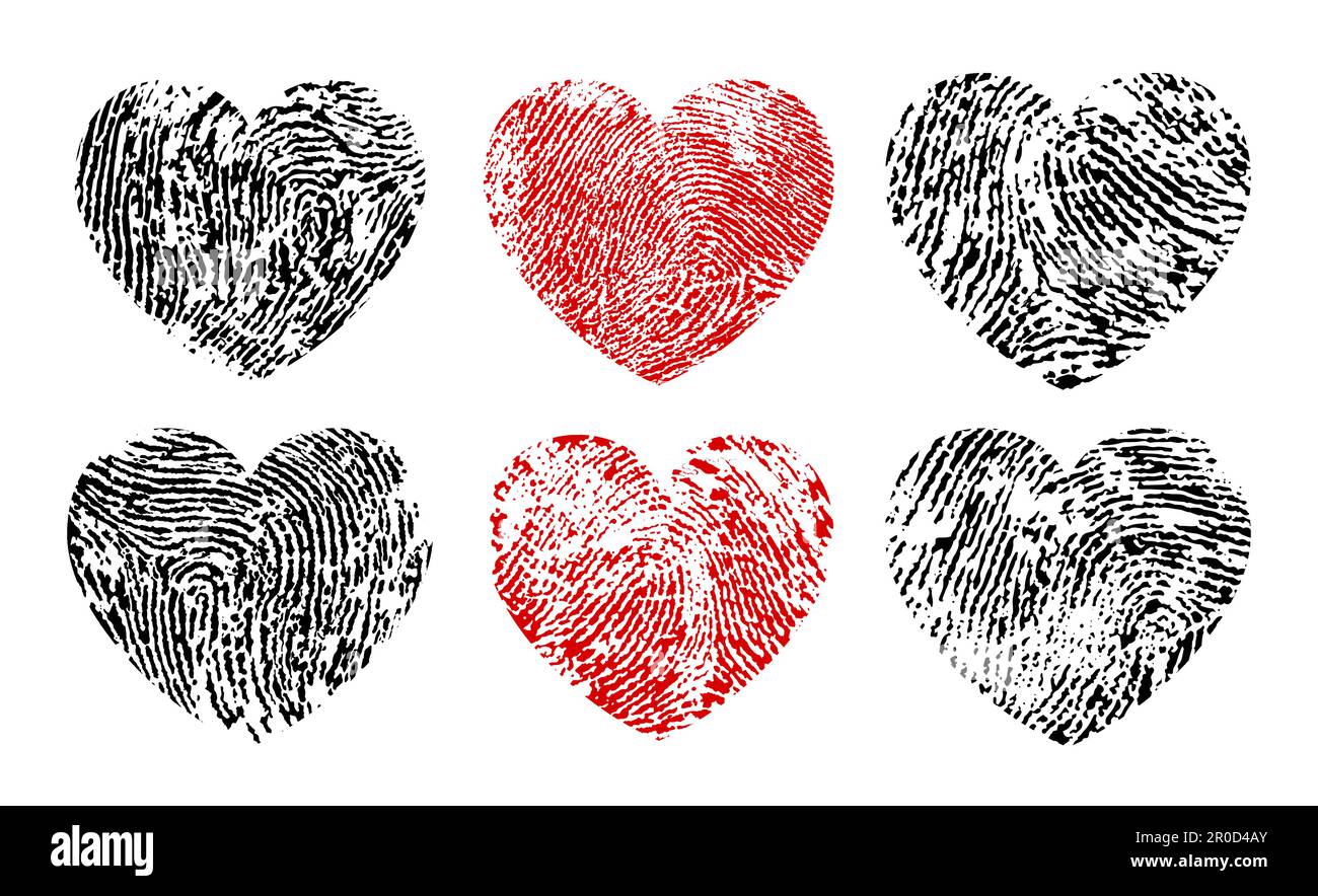 Fingerprint hearts. Valentine holiday black and red fingermark patterns ...