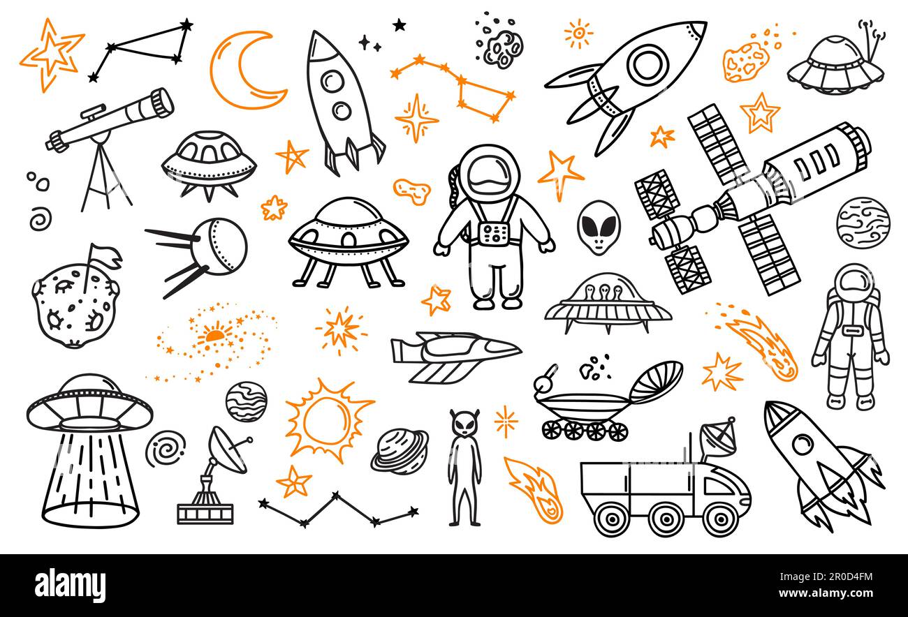 Doodle space planets, astronauts, spaceship, comets and asteroids ...