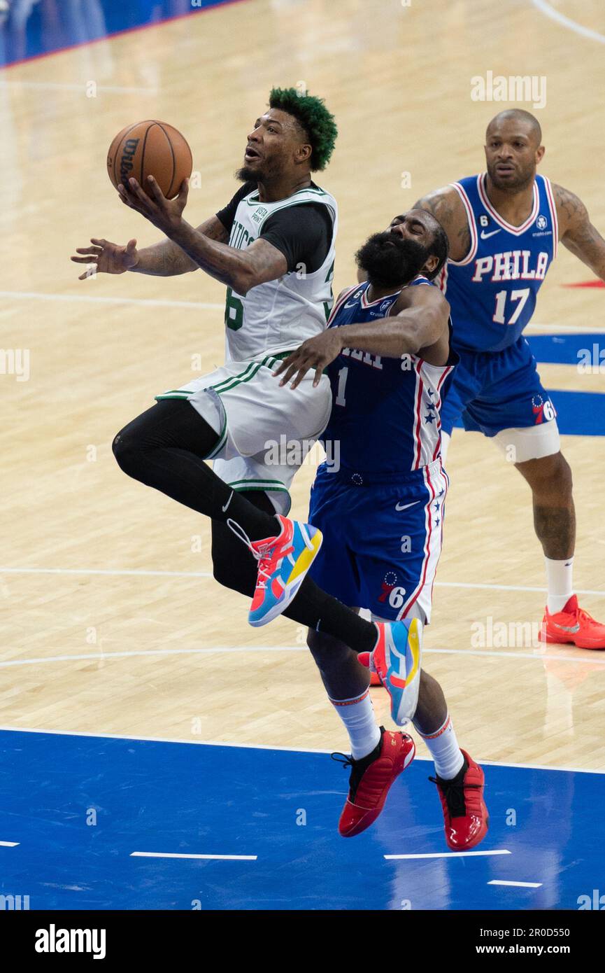PHILADELPHIA, PA - MAY 7: Marcus Smart #36 of the Boston Celtics drives ...