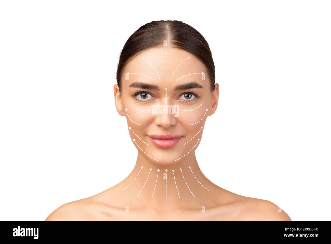 Portrait Of Lady With Lifting Arrows On Face, White Background Stock ...