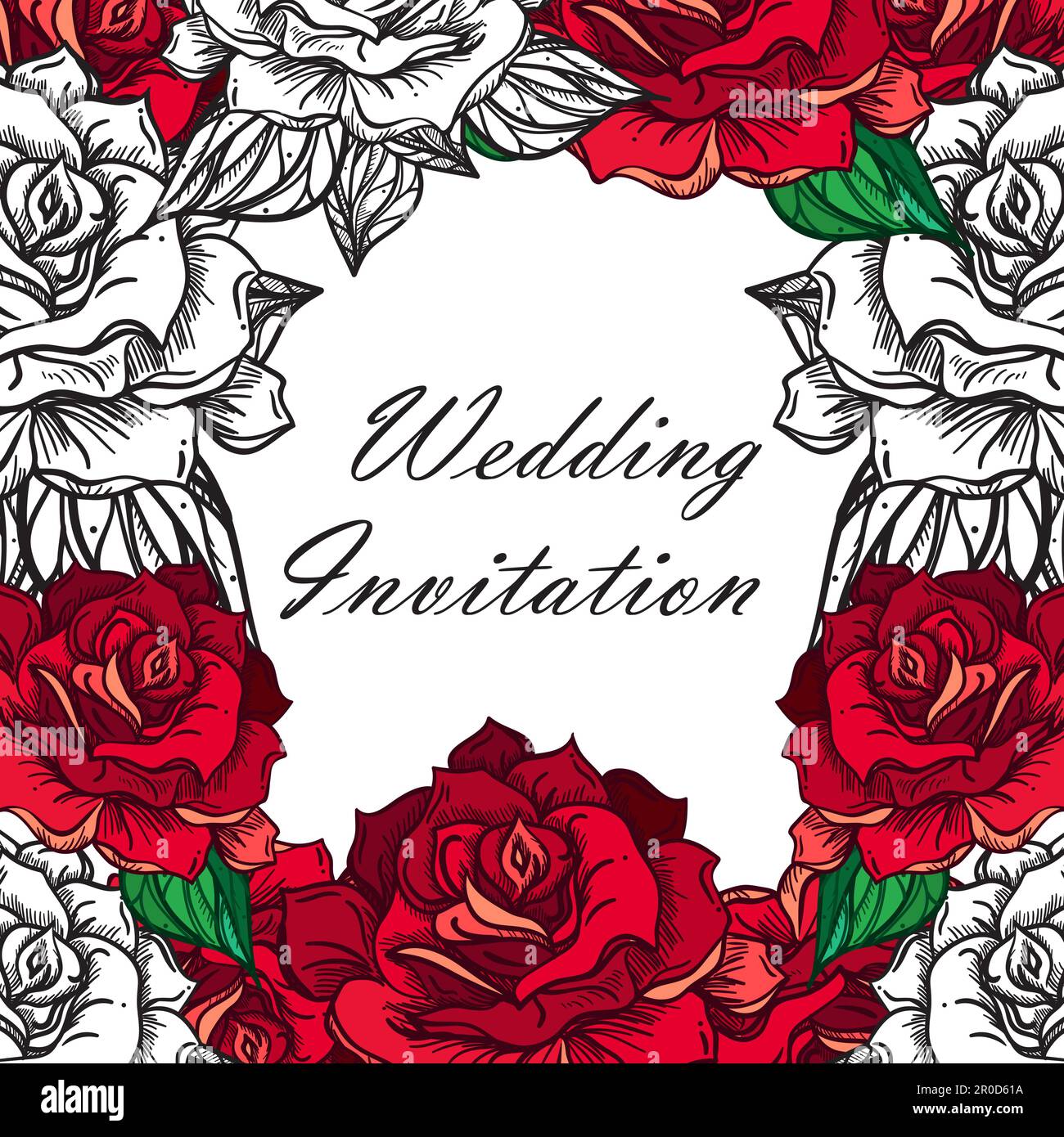 Hand Drawn Wedding Rose Frame. Flower Template for wedding, holiday ...
