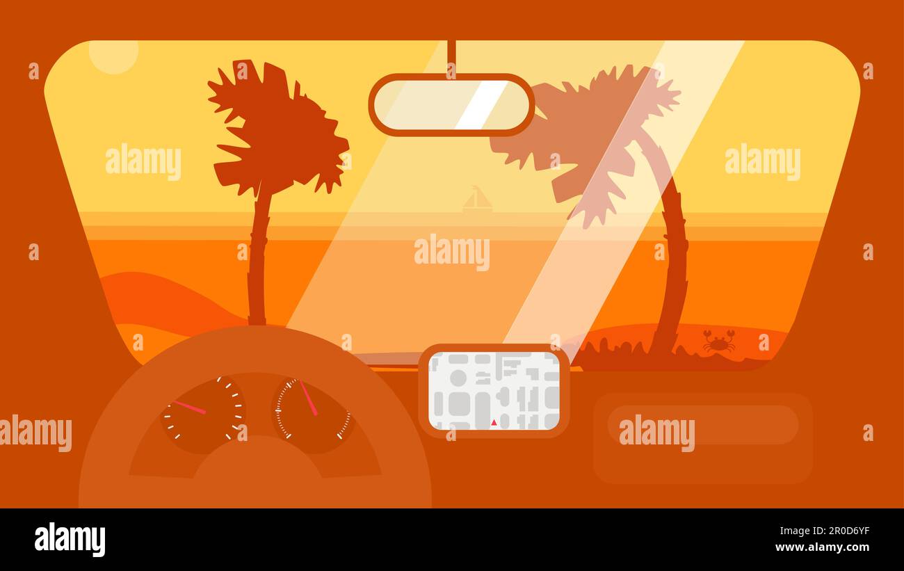 Hello Summer Concept on palm beach from inside car interior with wheel ...