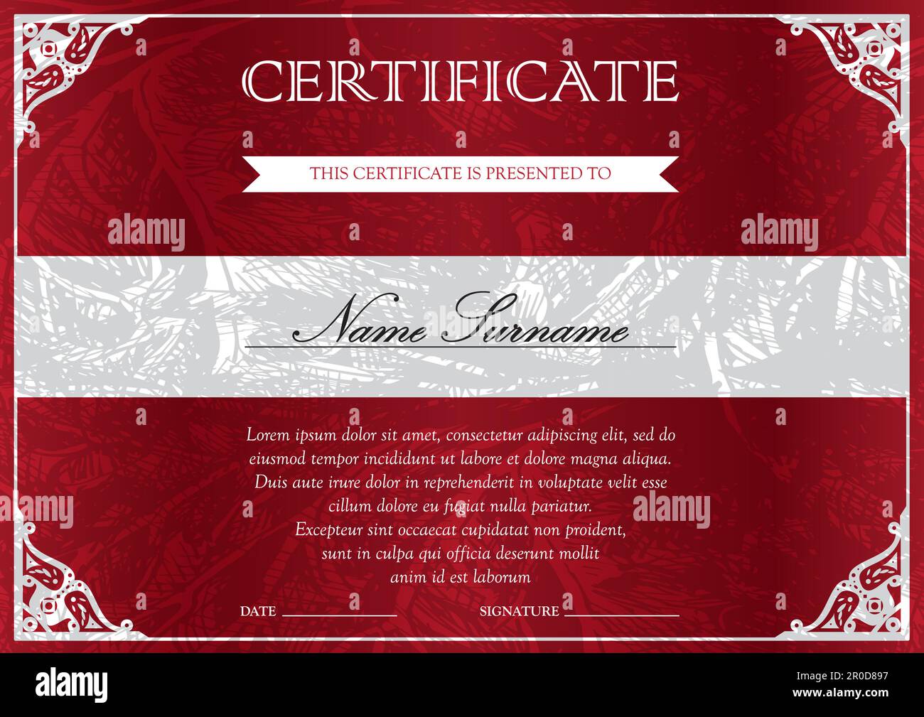Horizontal red certificate and diploma template with vintage, floral ...