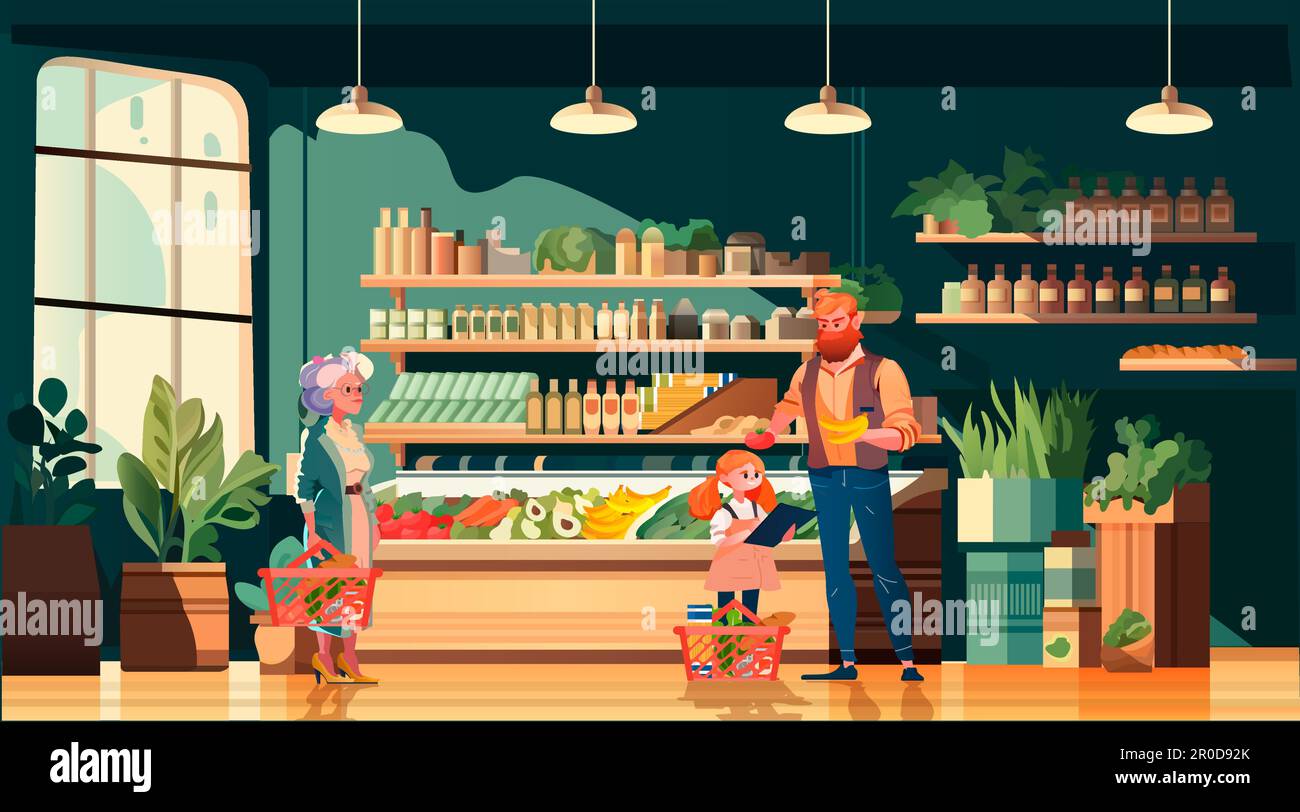 granny father and little daughter shopping at supermarket with products ...