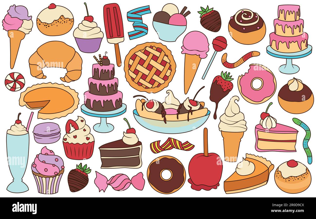 Collection of colorful cartoon illustrations of various desserts and treats. Isolated hand drawn ...