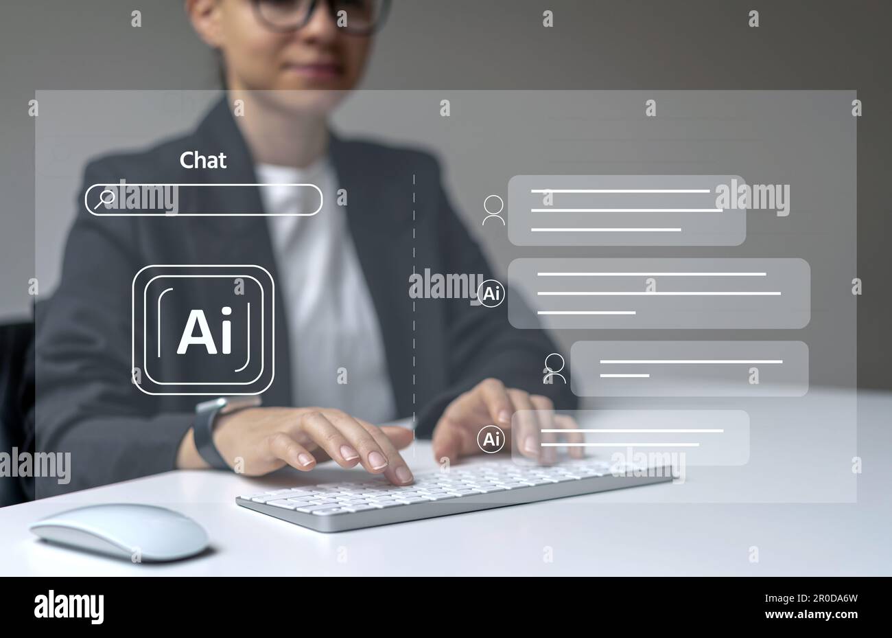 Woman searching information using chat Ai using her computer ...