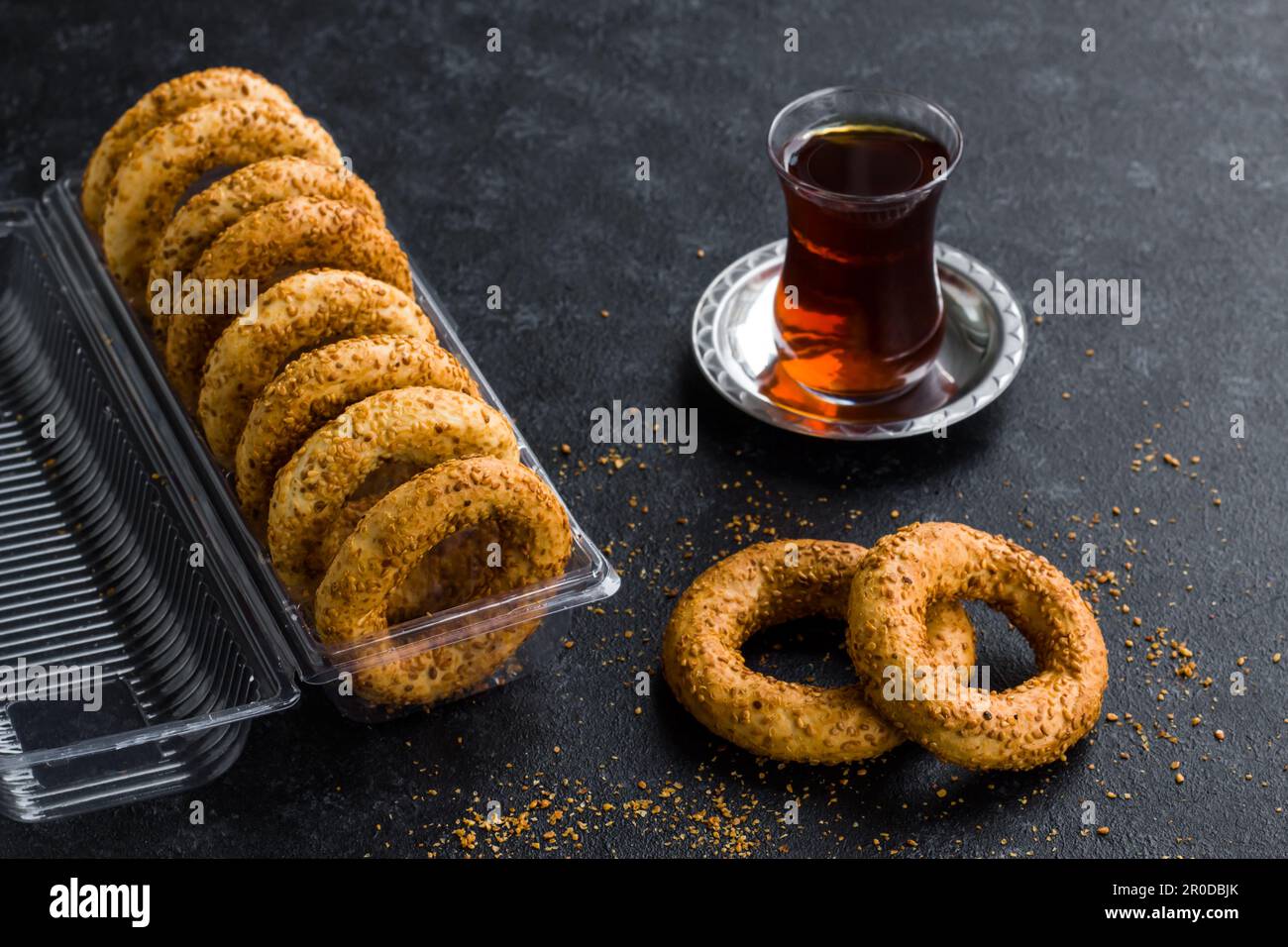 Traditional Turkish Kandil Sesame Rings in transparent box at dark ...