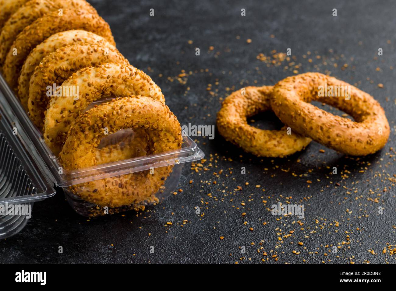 Traditional Turkish Kandil Sesame Rings in transparent box at dark ...