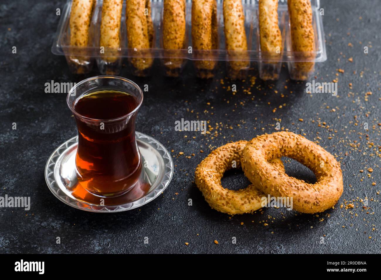 Traditional Turkish Kandil Sesame Rings in transparent box at dark ...