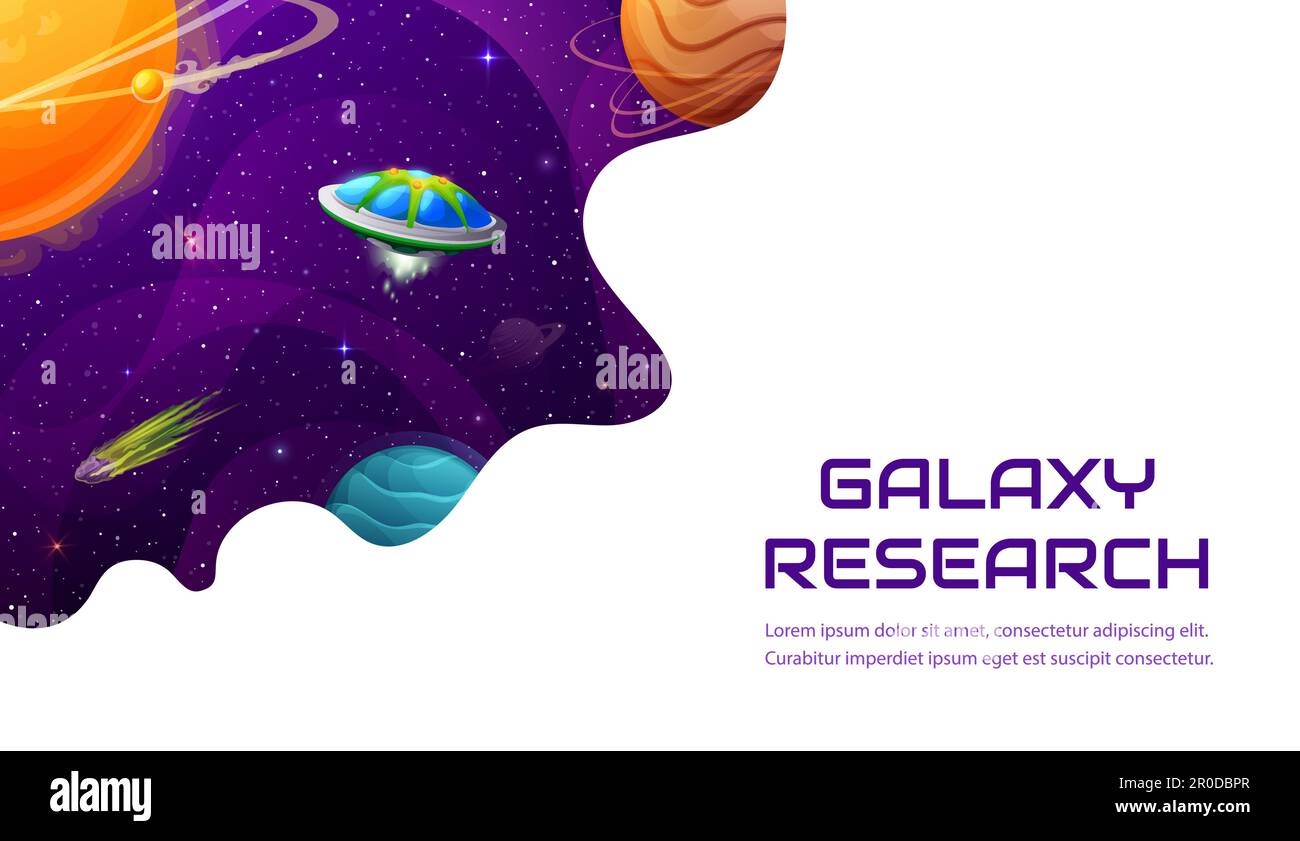 Space landing page. Cartoon alien UFO spaceship in galaxy with fantasy ...