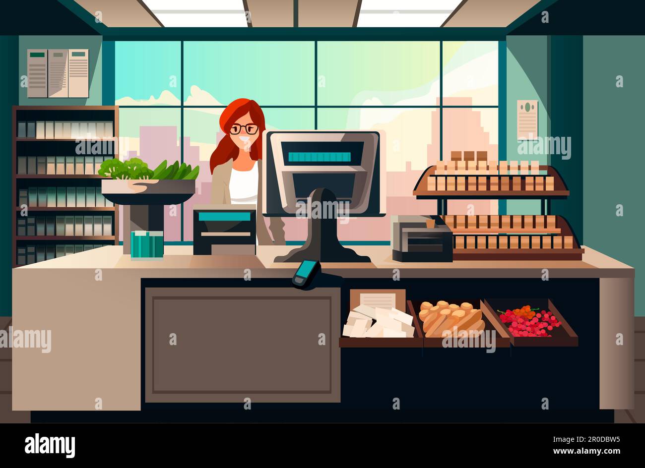 retail woman cashier at checkout in supermarket shopping concept ...